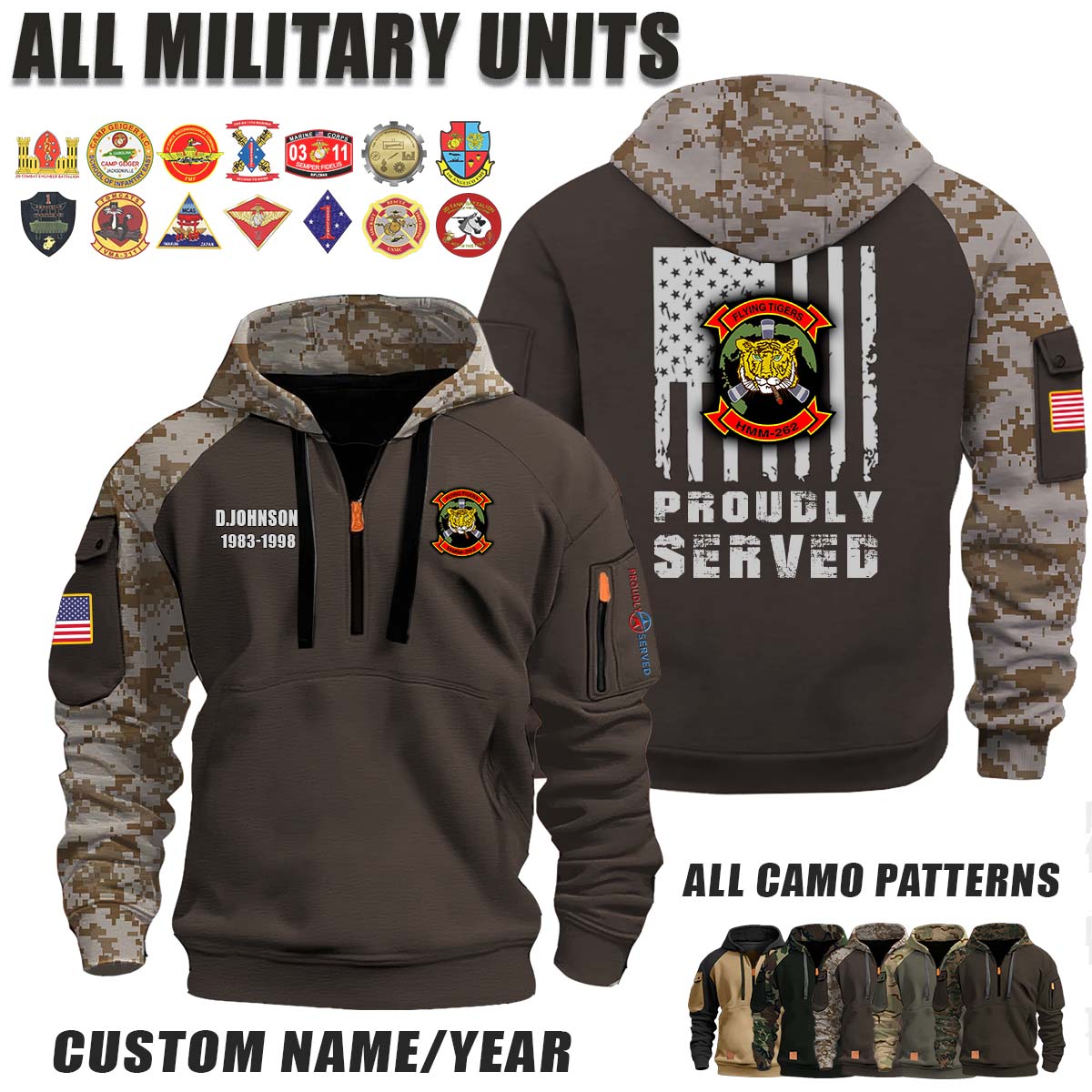 HMM-262 Flying Tigers_Camo Halfzip Hoodie - Proudly-Served: Military Apparels and Veteran ...