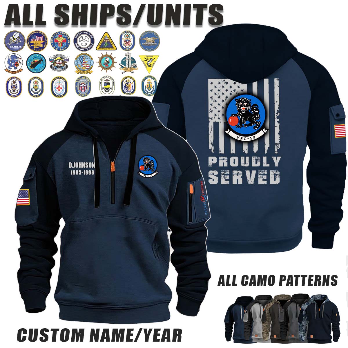 VRC-50 Foo Dogs_Camo Halfzip Hoodie - Proudly-Served: Military Apparels and Veteran Collectibles